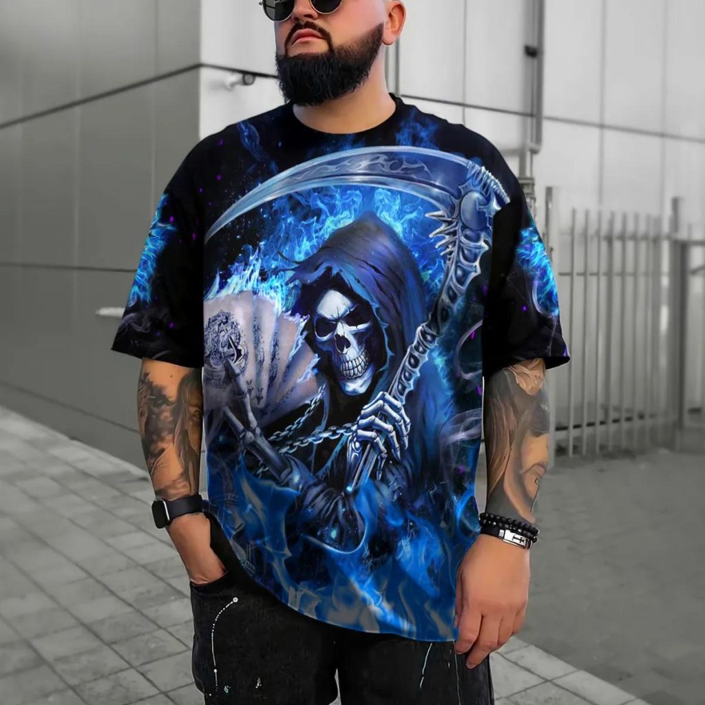 Grim Reaper Blue Fire Skull Custom 3D T Shirt, Skull T Shirts Mens ...