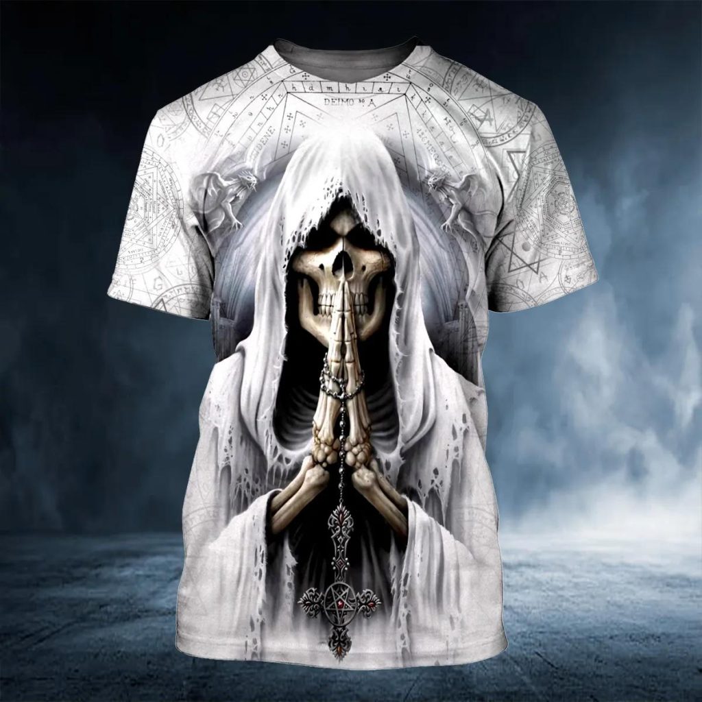 Grim Reaper Pray Skull White 3D T Shirt, Skull T Shirts Mens – Skull ...