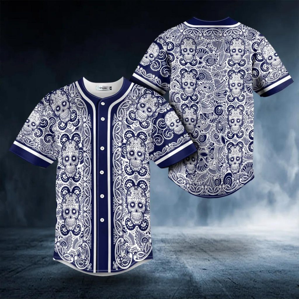 Navy Pattern Of Sugar Skull Baseball Jersey – Skull & Viking Graphic ...