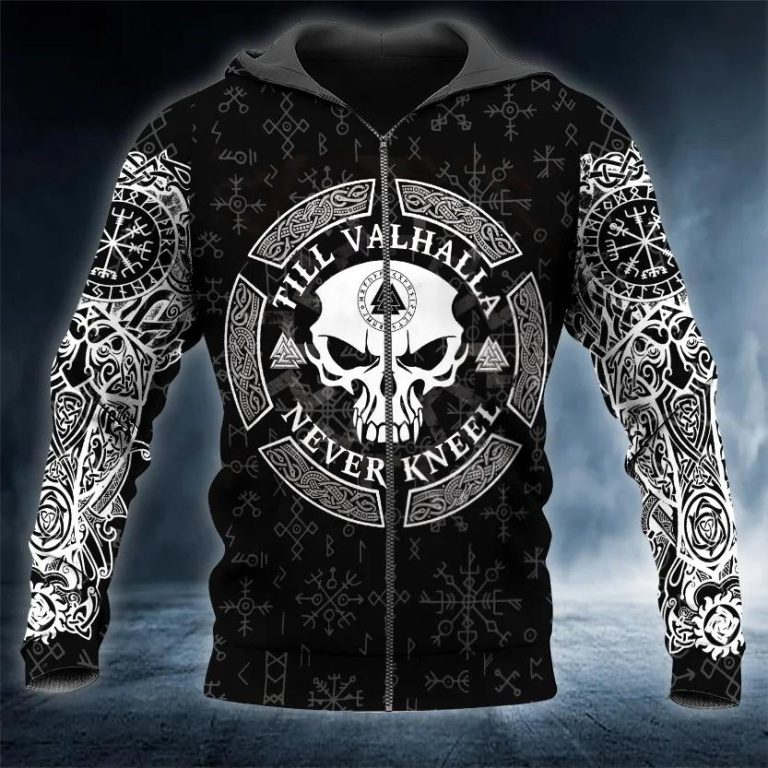 Viking Till Valhalla Never Kneel Tattoo 3D Zip Hoodie – Skull & Viking ...
