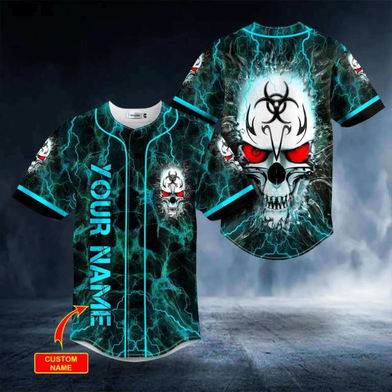 Blue Lightning Biohazard Red Eyes Skull Custom Baseball Jersey – Skull ...