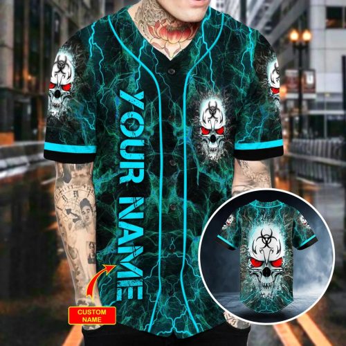 Blue Lightning Biohazard Red Eyes Skull Custom Baseball Jersey – Skull ...