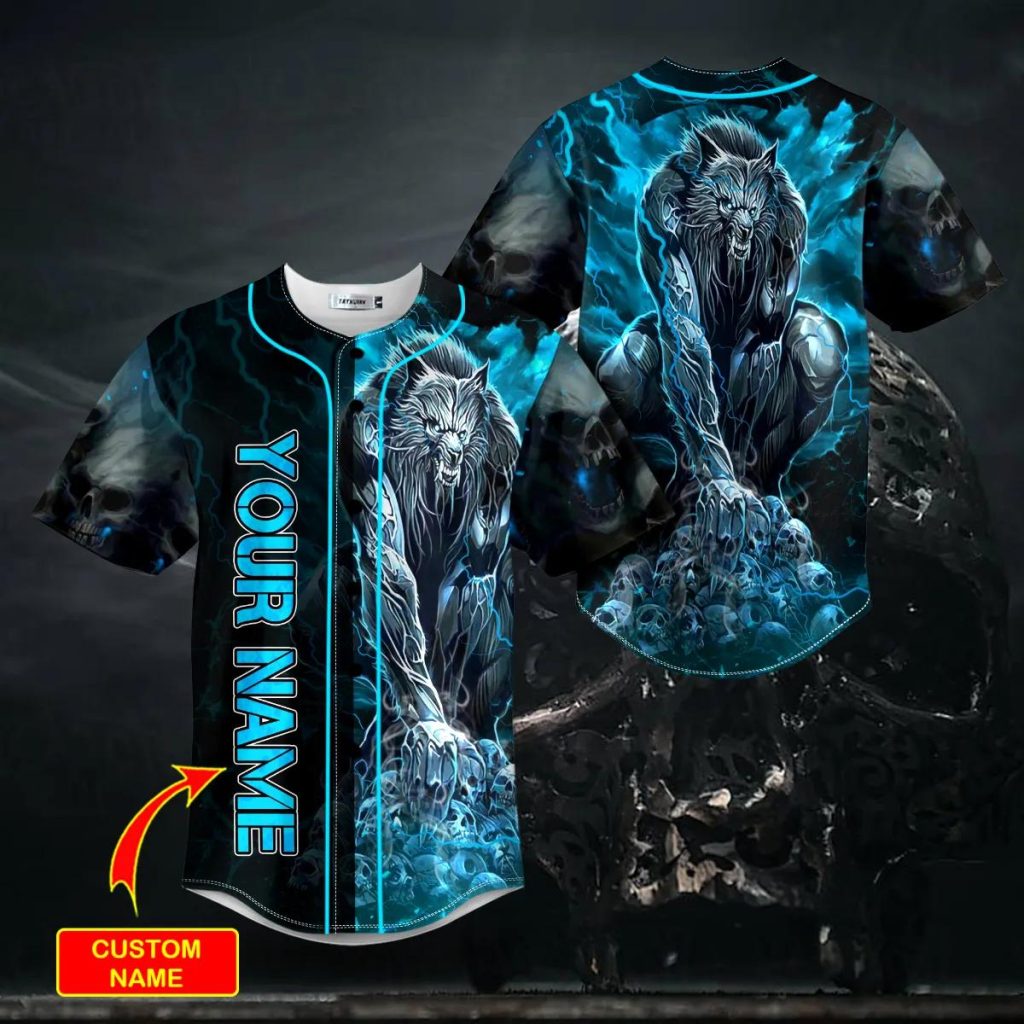 Blue Werewolf On Pile Skull Custom Baseball Jersey – Skull & Viking ...