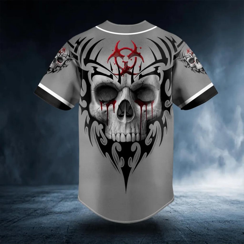 Melting Eyes Biohazard Tribal Skull Custom Baseball Jersey – Skull ...