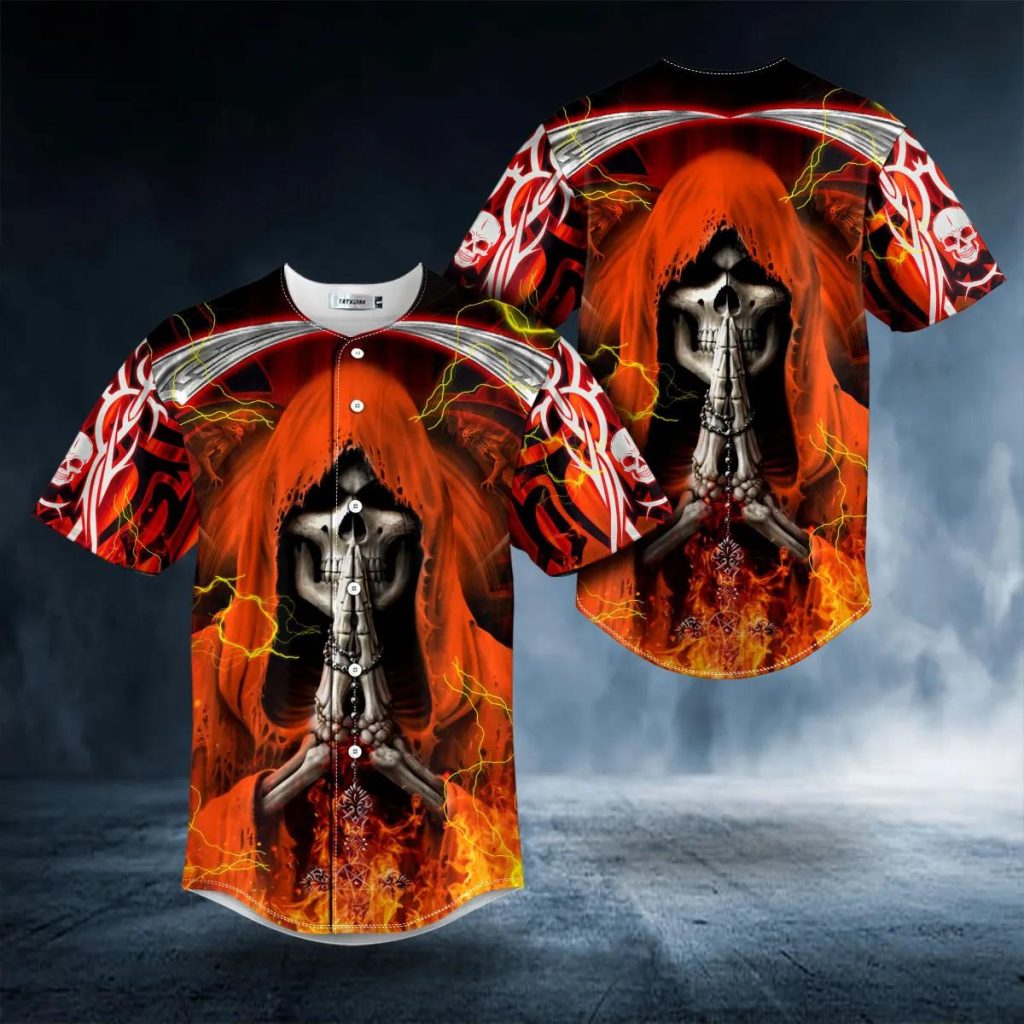 Orange Grim Reaper Prayer Fire Skull Baseball Jersey – Skull & Viking ...