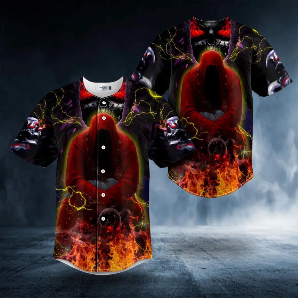 Red Dark Grim Reaper Monster Skull Baseball Jersey – Skull & Viking ...