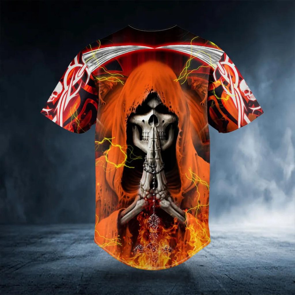 Orange Grim Reaper Prayer Fire Skull Baseball Jersey – Skull & Viking ...