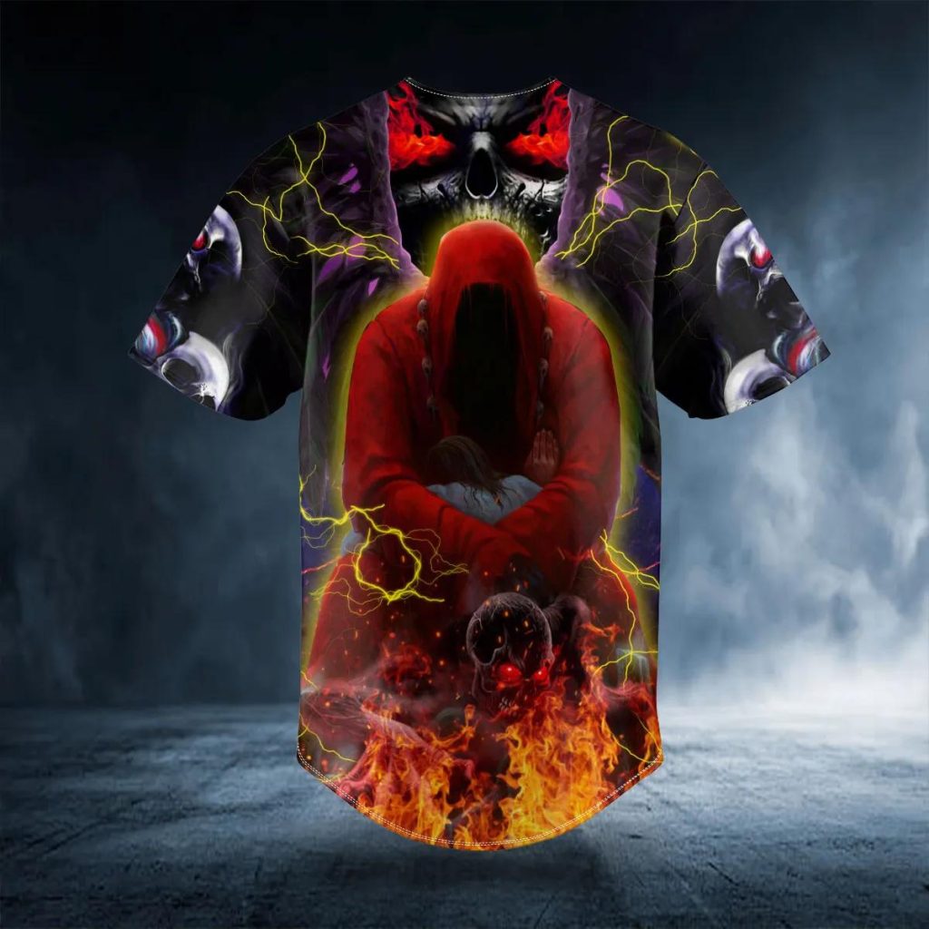 Red Dark Grim Reaper Monster Skull Baseball Jersey – Skull & Viking ...