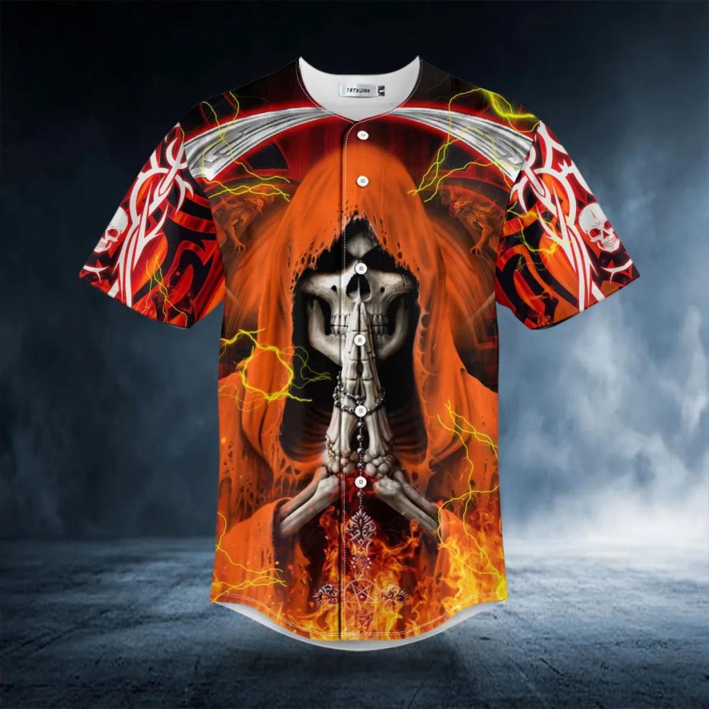 Orange Grim Reaper Prayer Fire Skull Baseball Jersey – Skull & Viking ...