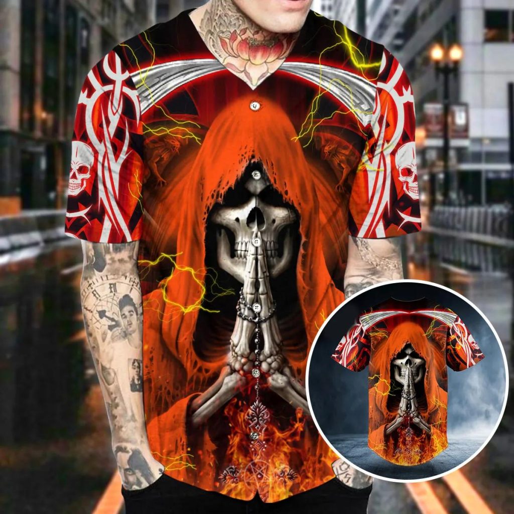 Orange Grim Reaper Prayer Fire Skull Baseball Jersey – Skull & Viking ...