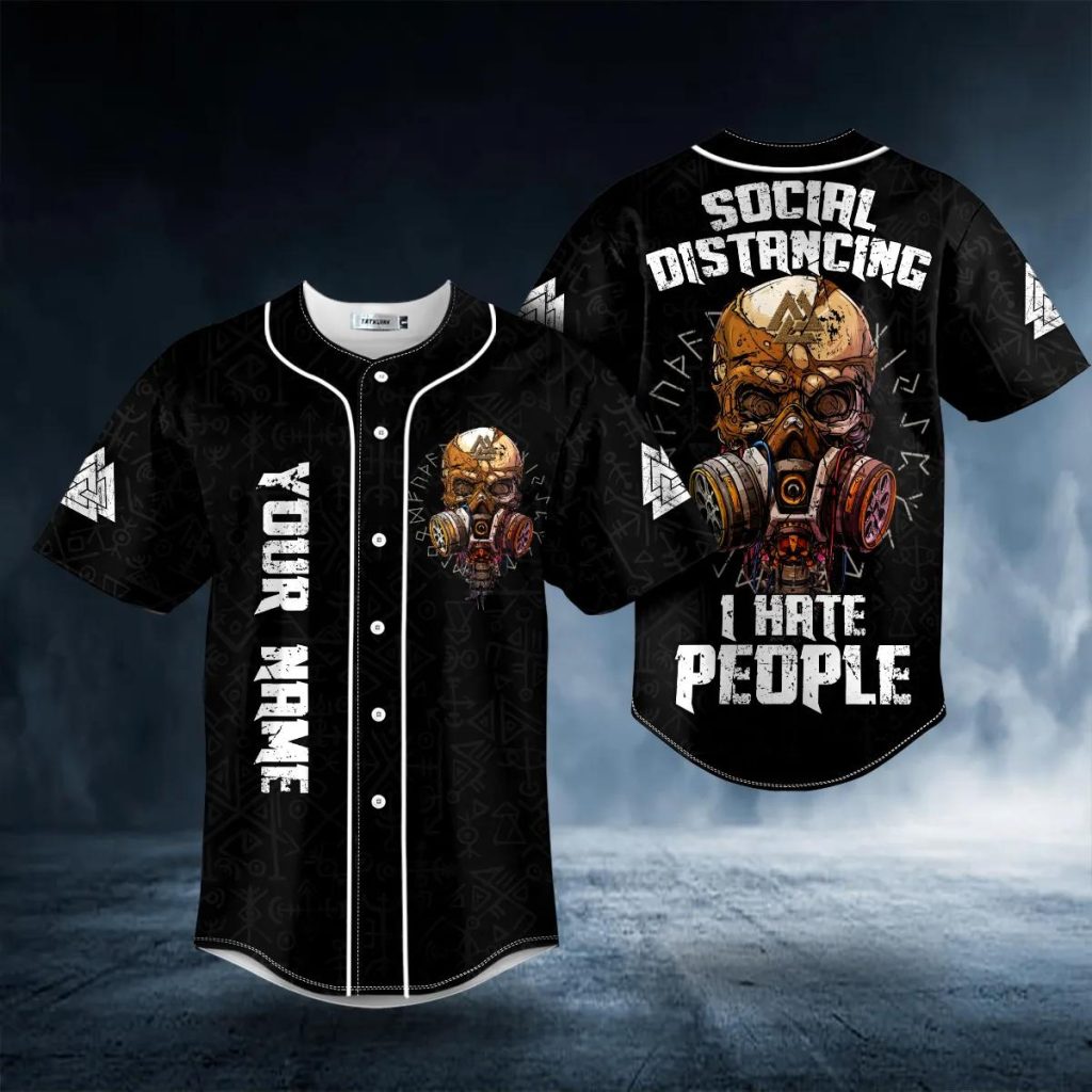 Social Distancing Valknut Viking Gas Mask Skull Custom Baseball Jersey ...