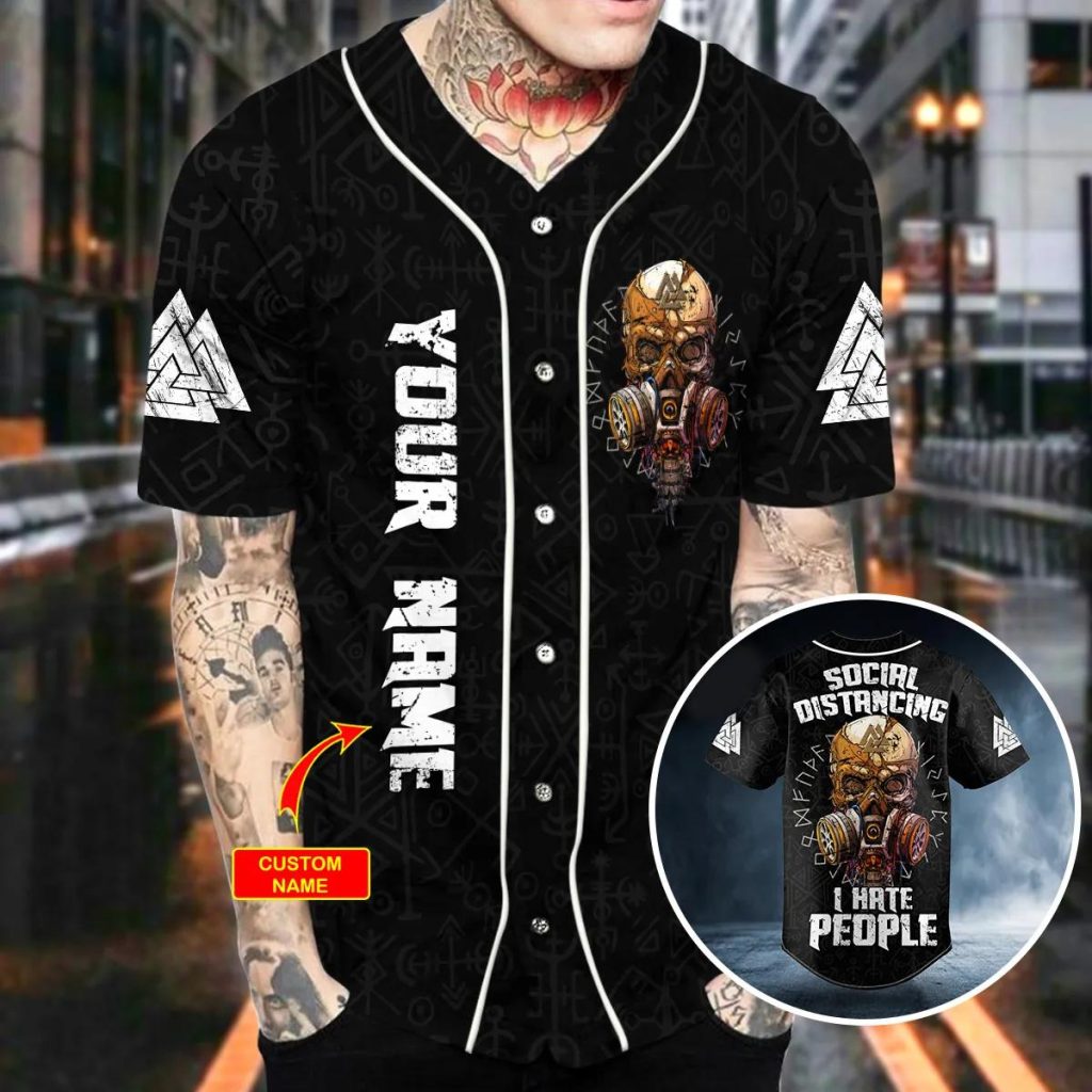 Social Distancing Valknut Viking Gas Mask Skull Custom Baseball Jersey ...
