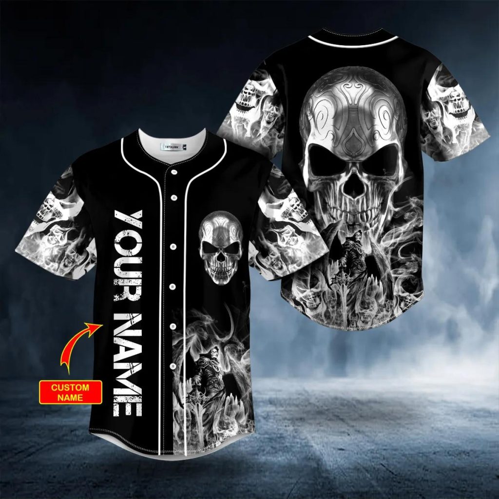 Tribal Metal Grim Reaper Flame Skull Custom Baseball Jersey – Skull & Viking Graphic Tees | 3D ...