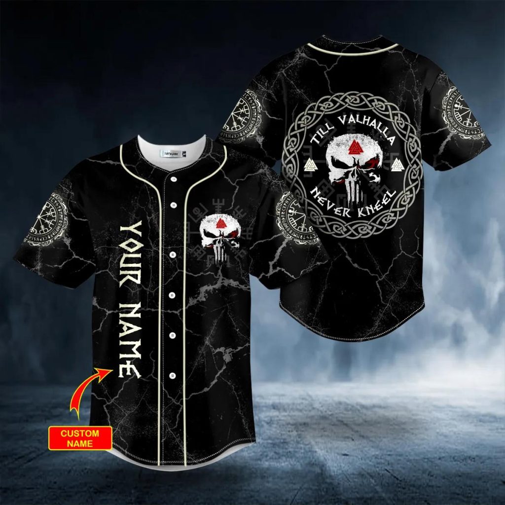 Valhalla Never Kneel Punisher Skull Custom Baseball Jersey – Skull ...