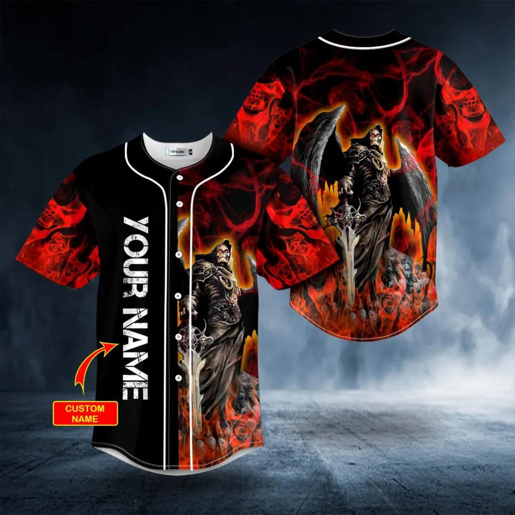 Grim Reaper Red Smoke Skull Custom Baseball Jersey – Skull & Viking ...