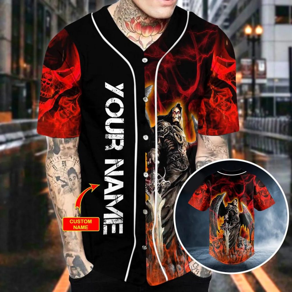 Grim Reaper Red Smoke Skull Custom Baseball Jersey – Skull & Viking ...