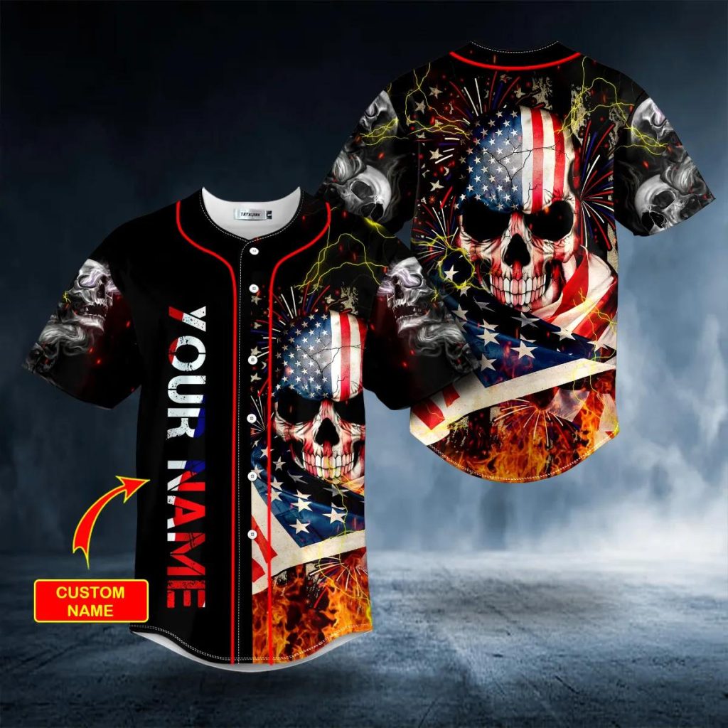 American Flag Firework Lightning Fire Skull Custom Baseball Jersey ...