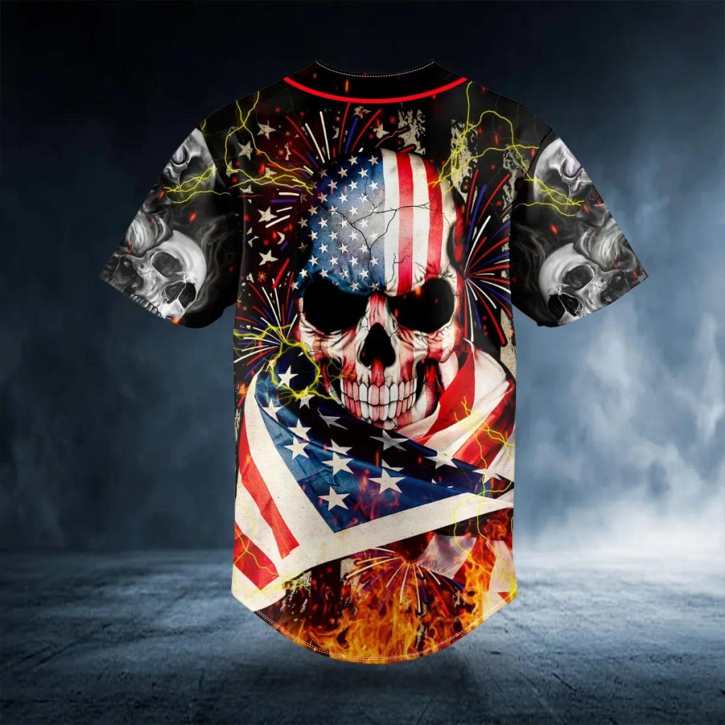 American Flag Firework Lightning Fire Skull Custom Baseball Jersey ...