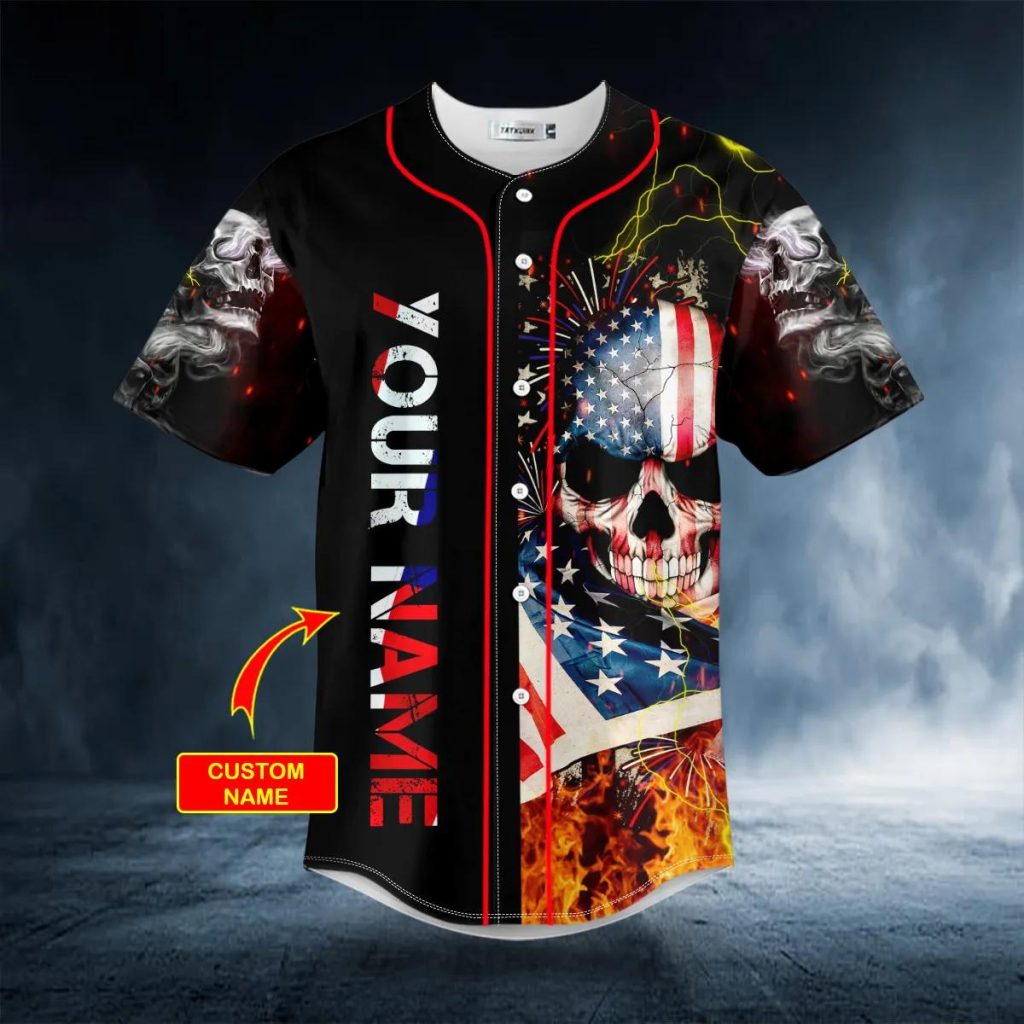 American Flag Firework Lightning Fire Skull Custom Baseball Jersey ...