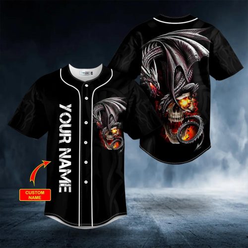 Black Gothic Dragon Fire Skull Custom Baseball Jersey – Skull & Viking ...