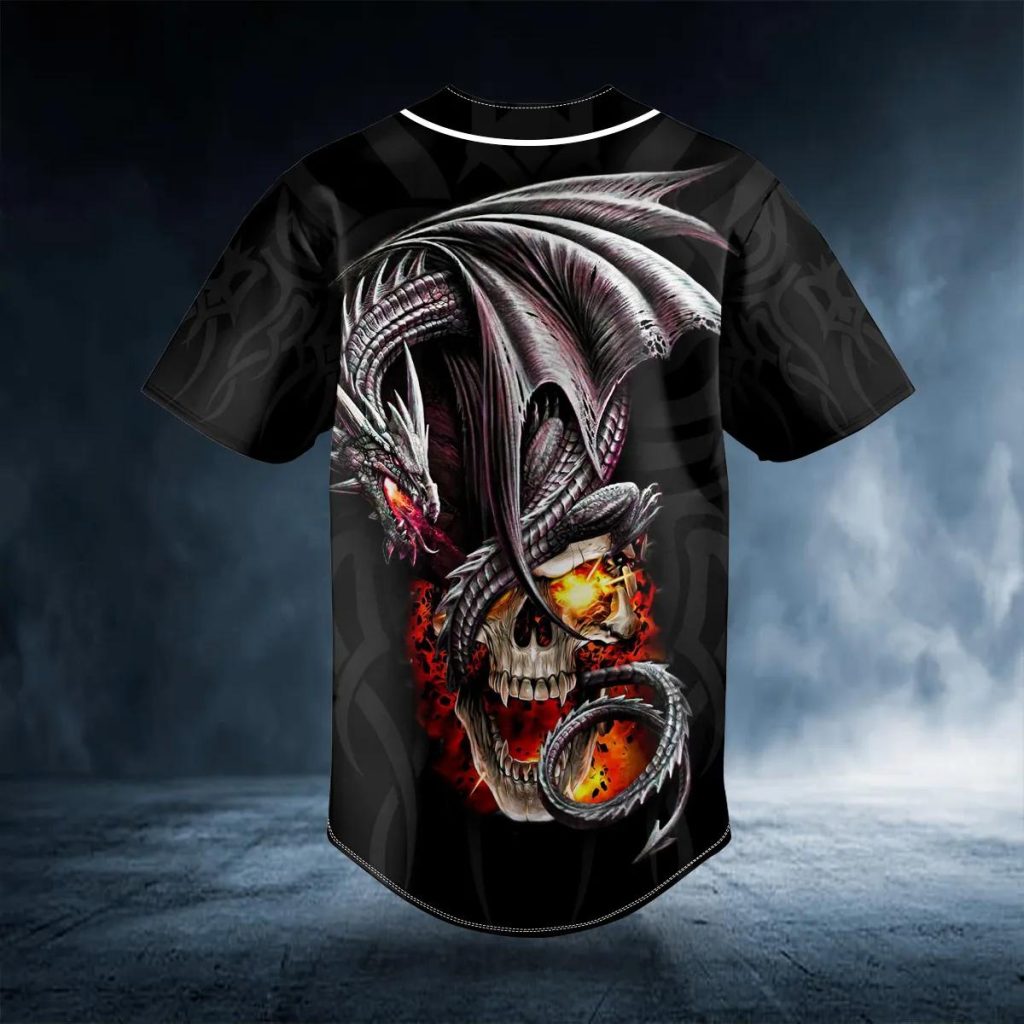 Black Gothic Dragon Fire Skull Custom Baseball Jersey – Skull & Viking ...
