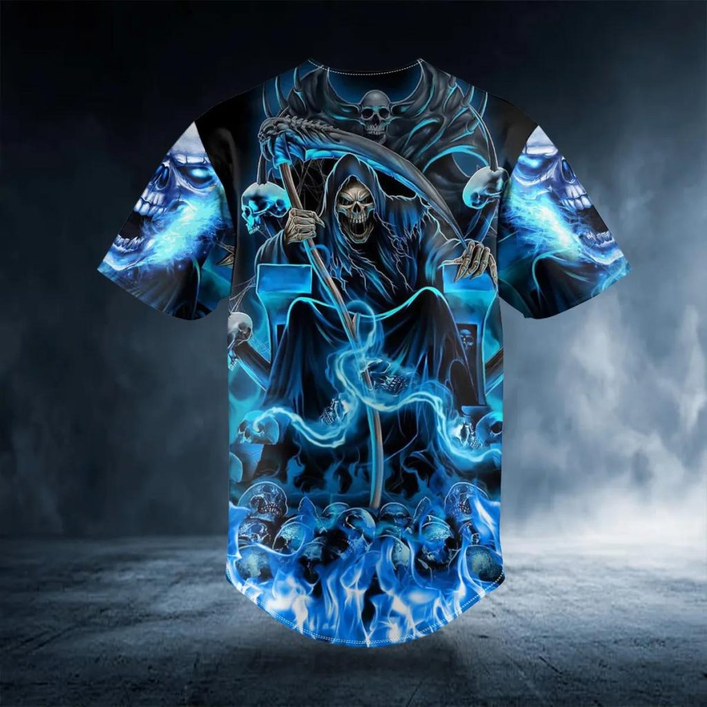 Blue Fire Grim Reaper Skull Baseball Jersey – Skull & Viking Graphic ...