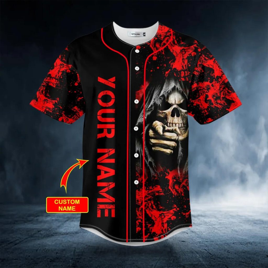 Bloody Grim Reaper Pointing Skull Custom Baseball Jersey – Skull & Viking Graphic Tees | 3D All ...