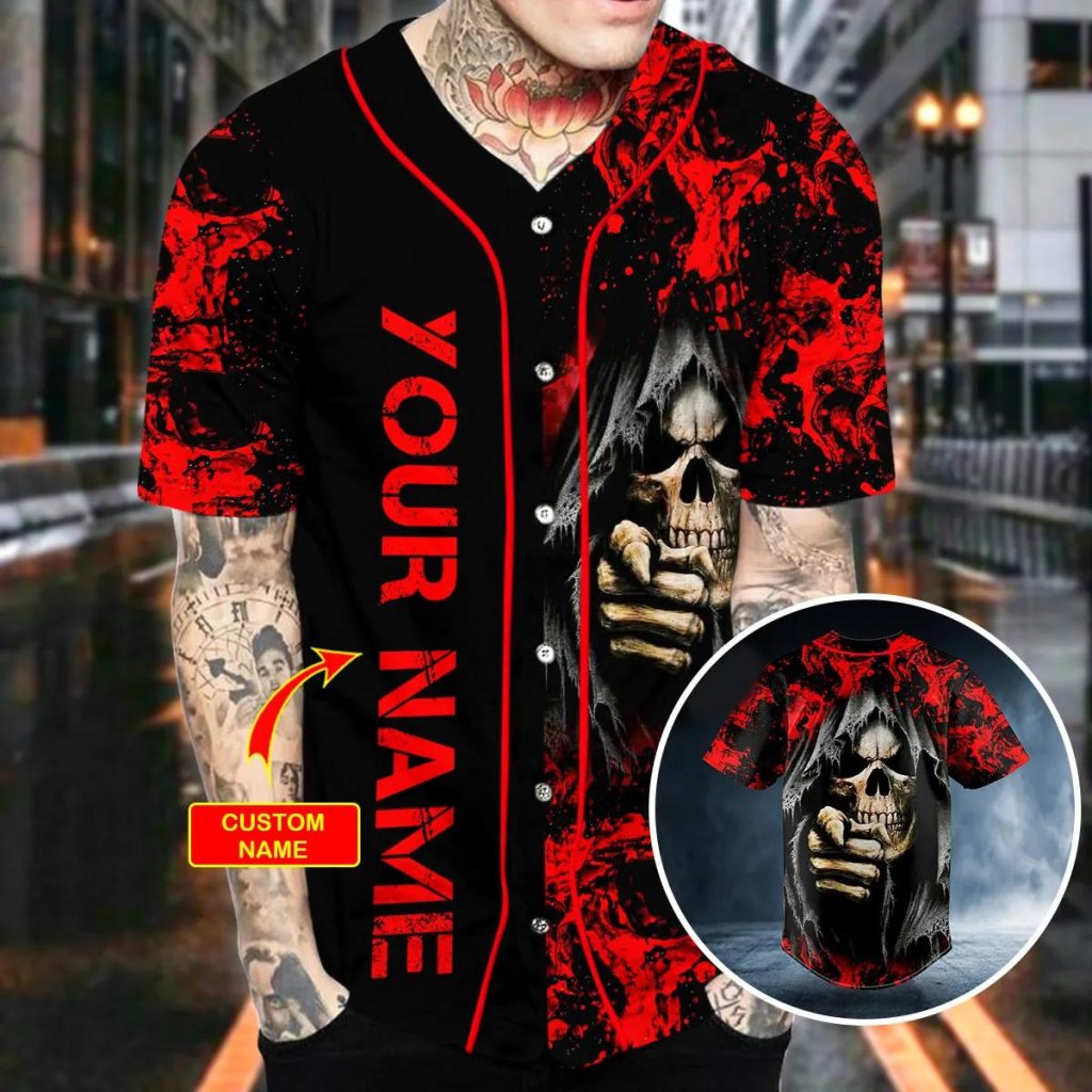 Bloody Grim Reaper Pointing Skull Custom Baseball Jersey – Skull ...