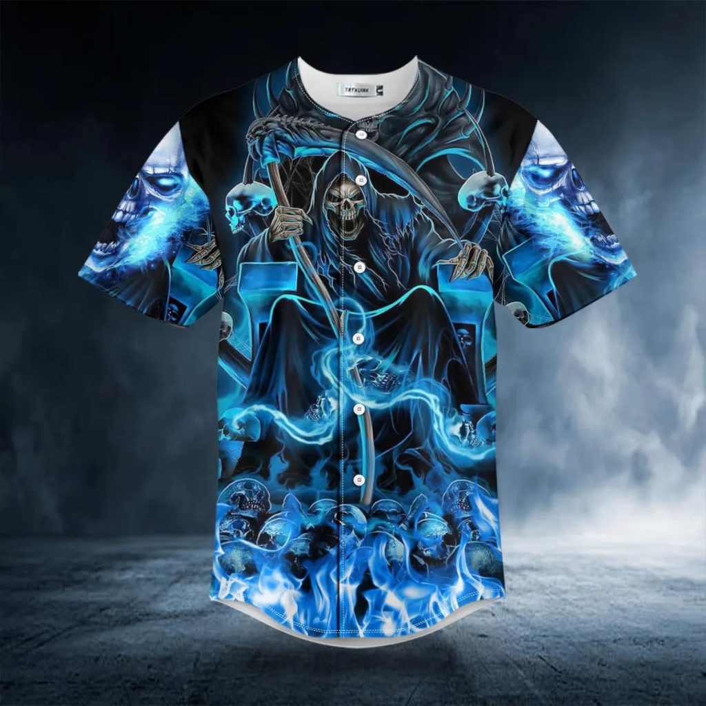 Blue Fire Grim Reaper Skull Baseball Jersey – Skull & Viking Graphic ...