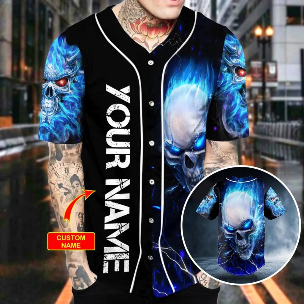 Blue Fire Lightning Custom Baseball Jersey – Skull & Viking Graphic ...