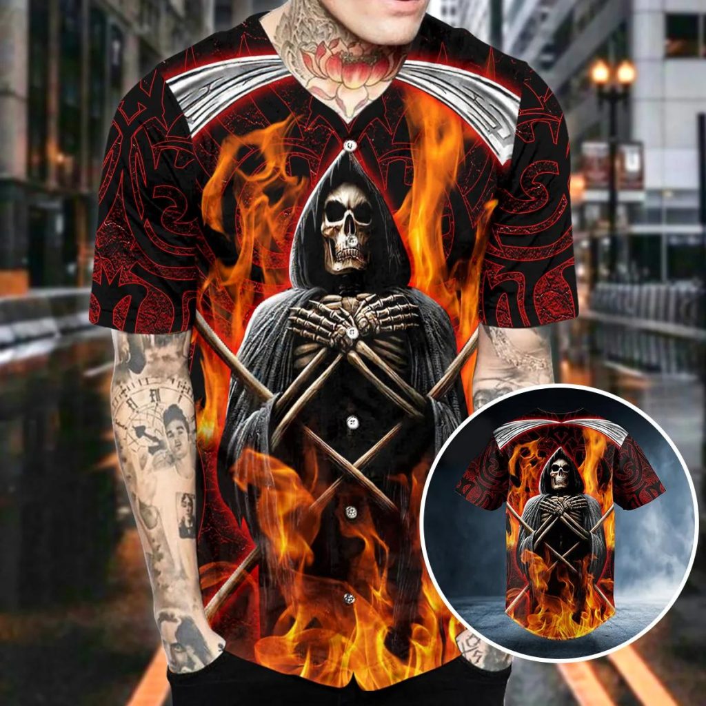 Death Note Fire Grim Reaper Skull Baseball Jersey – Skull & Viking ...