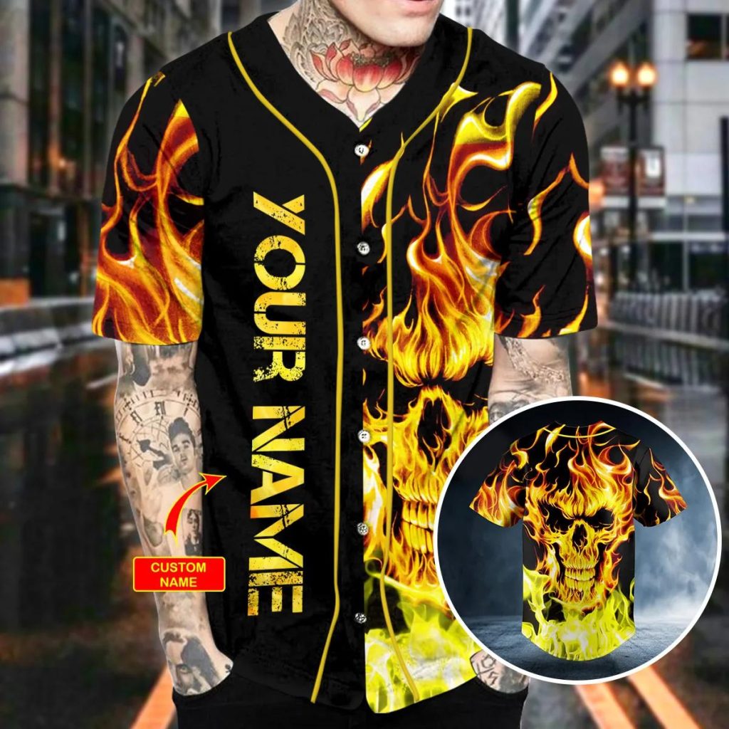 Fire Rage Skull Custom Baseball Jersey – Skull & Viking Graphic Tees ...