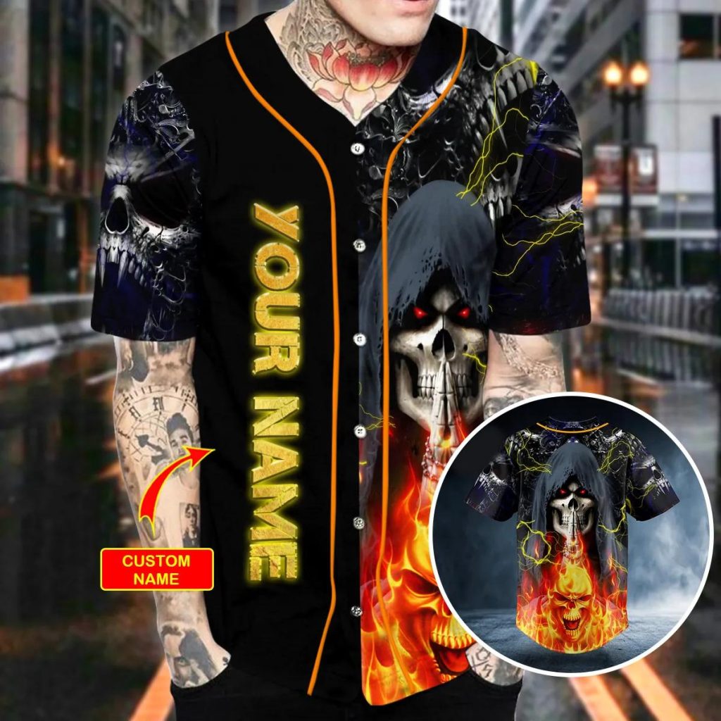 Grim Reaper Praying Lightning Flaming Hell Skull Custom Baseball Jersey ...
