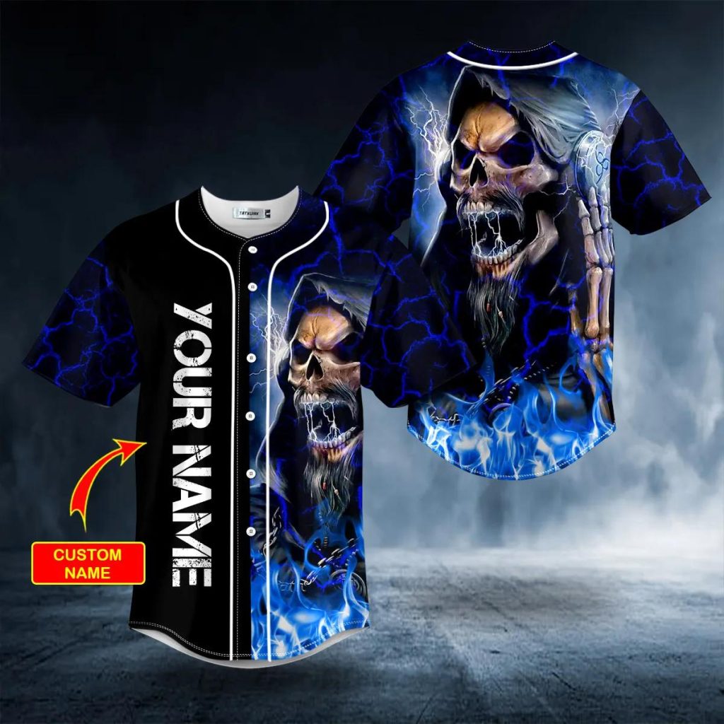 Melodic Death Metal Grim Reaper Blue Fire Custom Skull Baseball Jersey – Skull & Viking Graphic ...