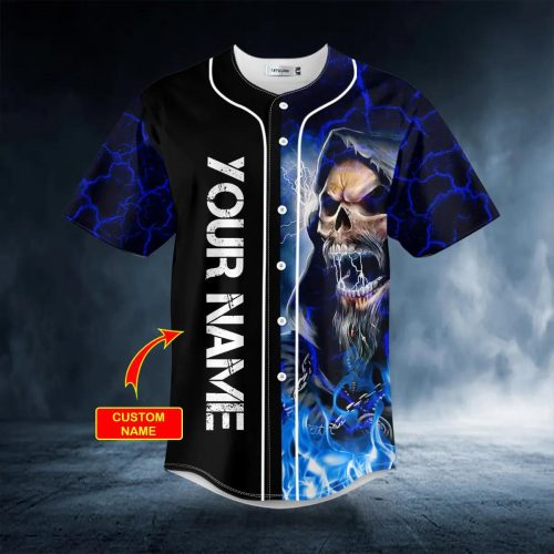 Melodic Death Metal Grim Reaper Blue Fire Custom Skull Baseball Jersey – Skull & Viking Graphic ...