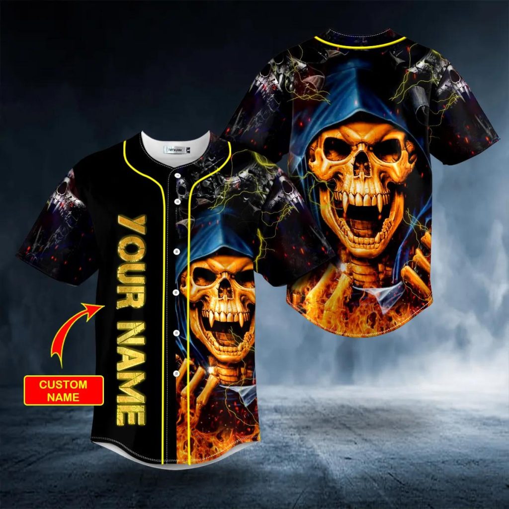 Orange Grim Reaper Lightning Fire Custom Baseball Jersey – Skull ...