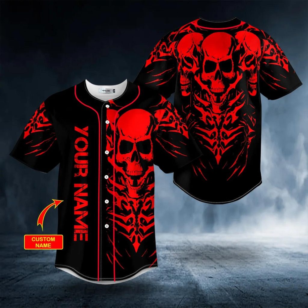 Red 3 Heads Skeletons Skull Custom Baseball Jersey – Skull & Viking ...