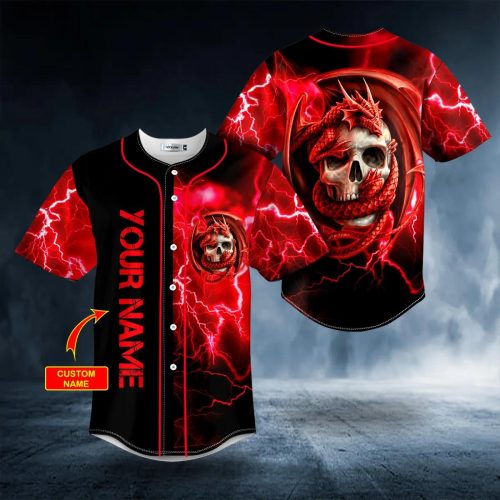 Red Gothic Dragon Skull Custom Baseball Jersey – Skull & Viking Graphic ...