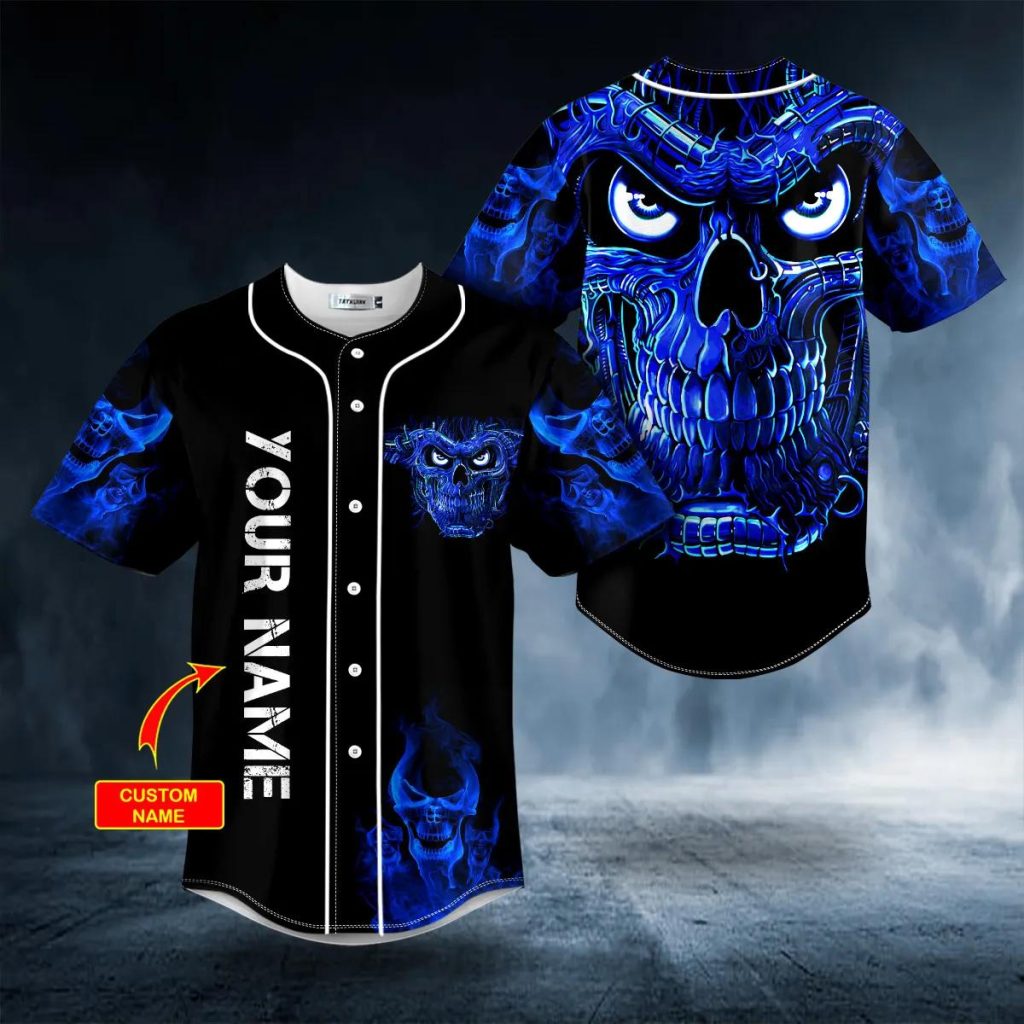 Terminator Blue Fire Skull Custom Baseball Jersey – Skull & Viking ...