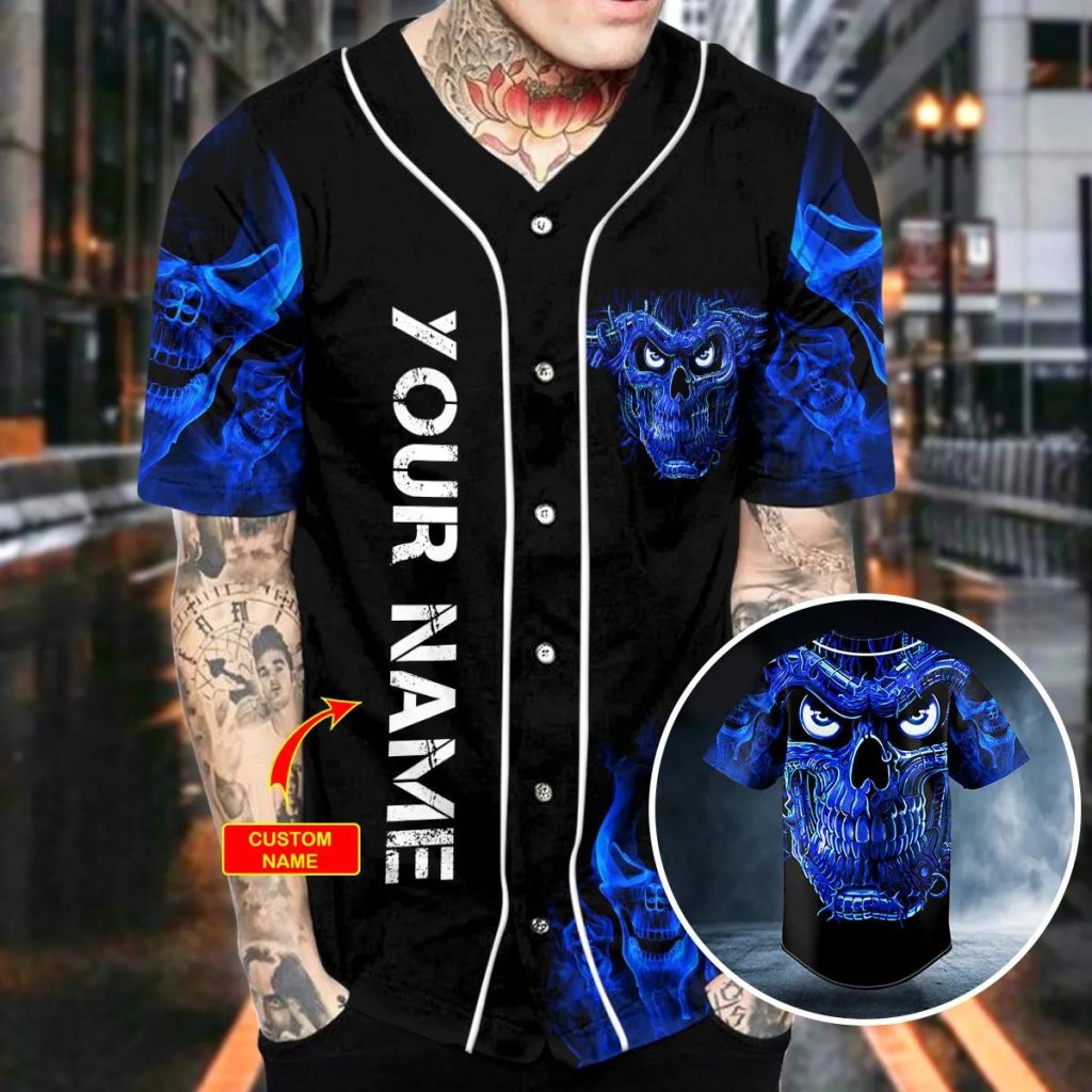 Terminator Blue Fire Skull Custom Baseball Jersey – Skull & Viking ...