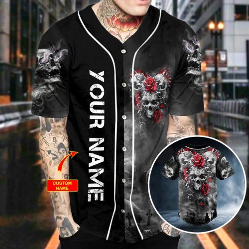 Three Skull With Rose Custom Baseball Jersey – Skull & Viking Graphic ...