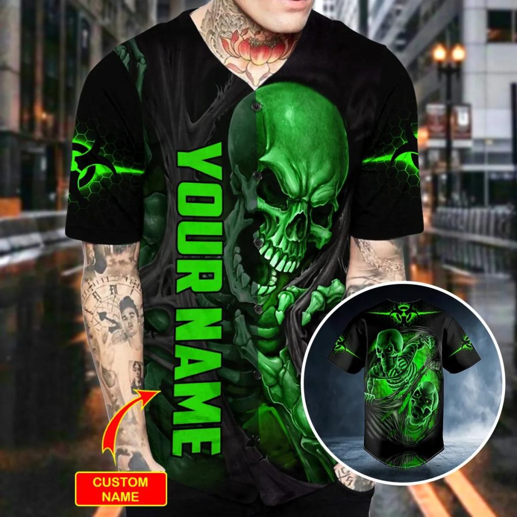 Blood Drip Skeleton Green Skull Custom Baseball Jersey – Skull & Viking ...