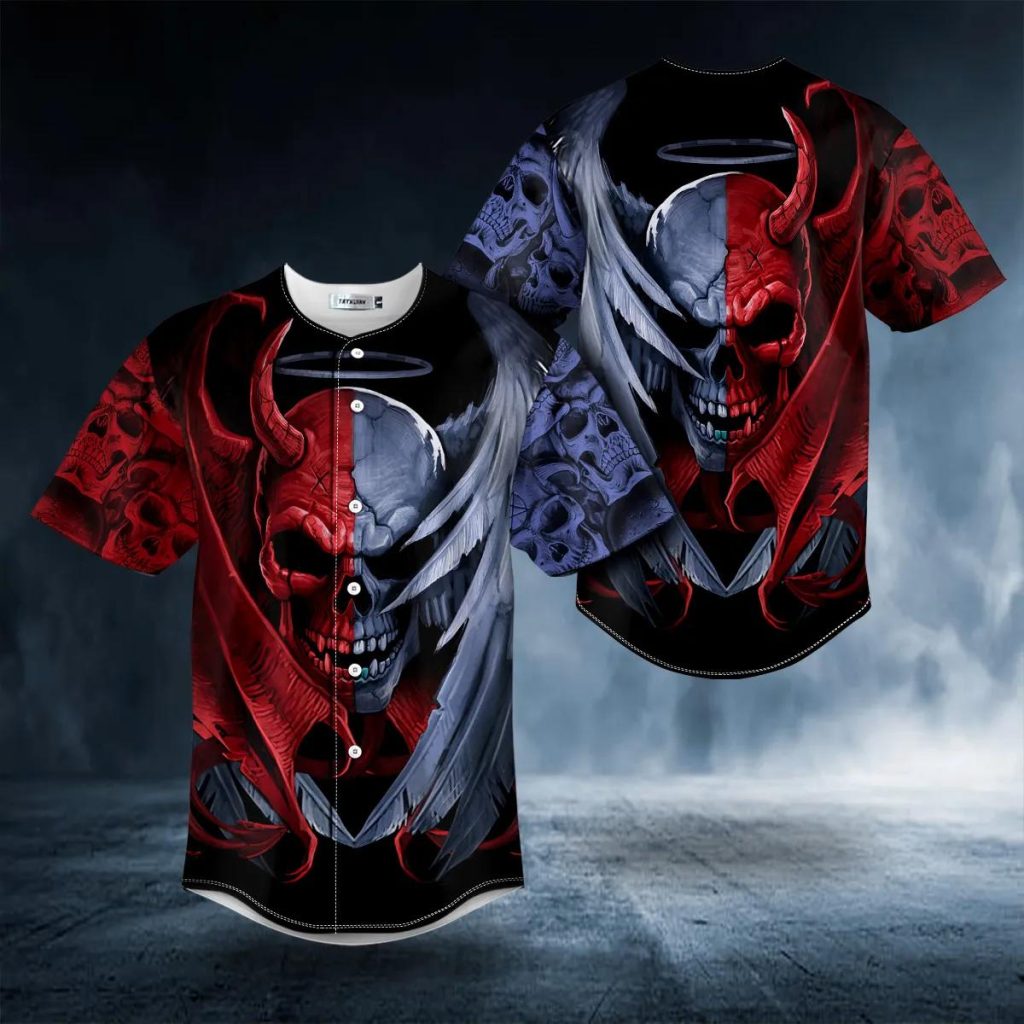 Blue Red Angelic Devil Skull Baseball Jersey – Skull & Viking Graphic ...