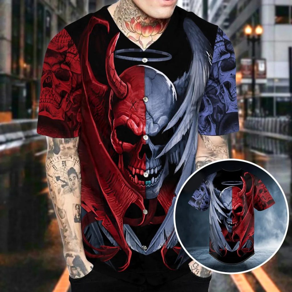 Blue Red Angelic Devil Skull Baseball Jersey – Skull & Viking Graphic ...