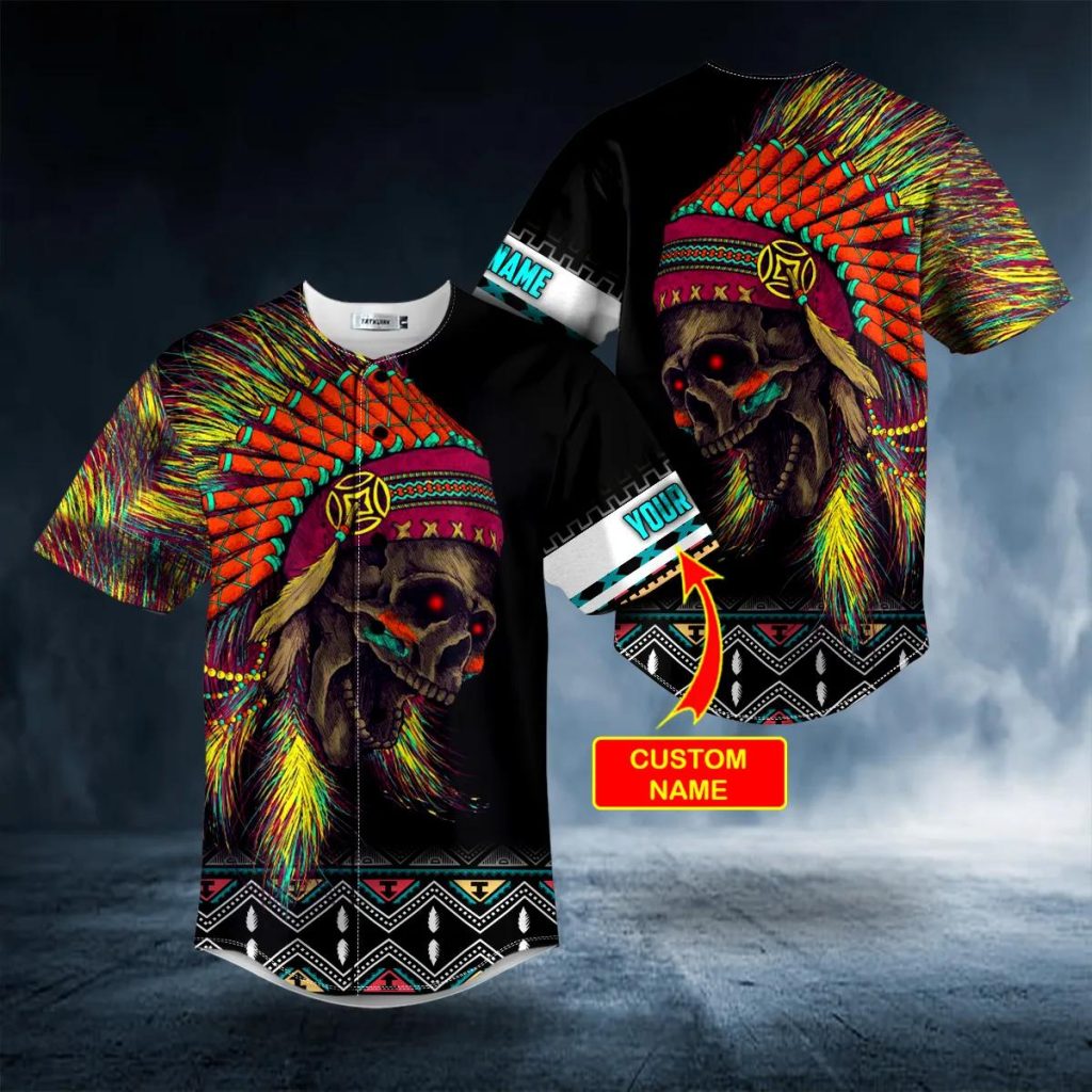 Brocade Pattern 6 Native Skull Custom Baseball Jersey – Skull & Viking ...