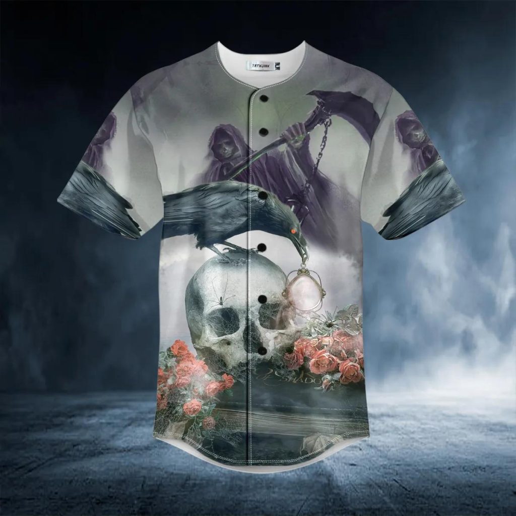 Goth Grim Reaper Raven Rose Skull Baseball Jersey – Skull & Viking ...