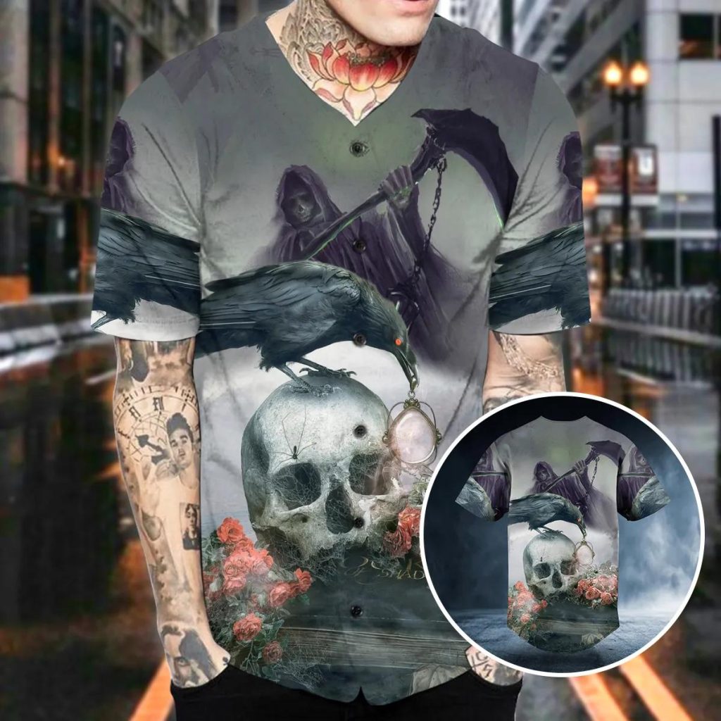Goth Grim Reaper Raven Rose Skull Baseball Jersey – Skull & Viking ...