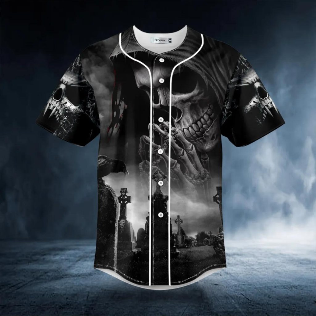 Praying Grim Reaper In Graveyard Skull Baseball Jersey – Skull & Viking Graphic Tees | 3D All ...