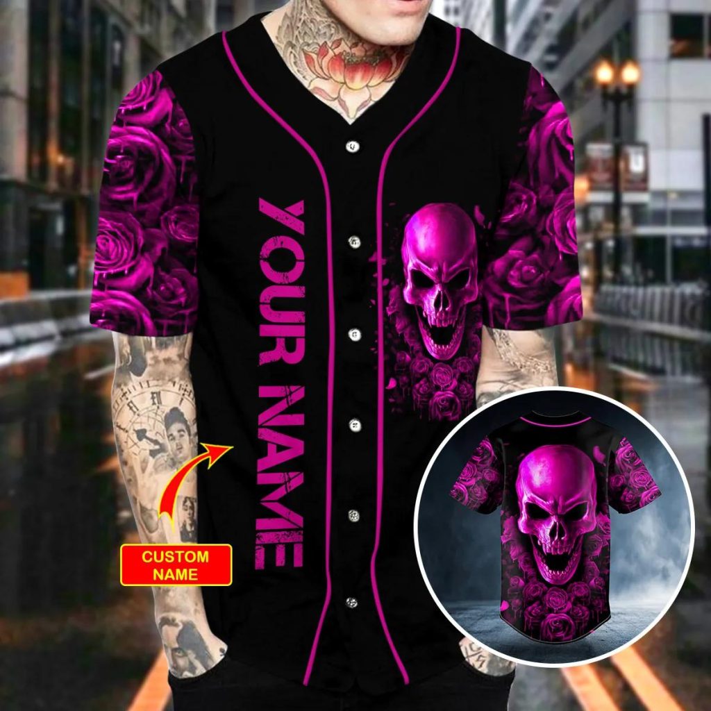 Purple Roses Sugar Skull Custom Baseball Jersey – Skull & Viking ...