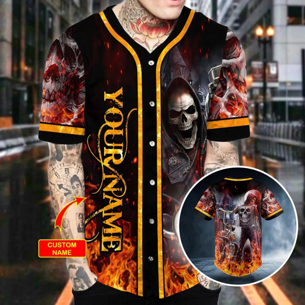 Reaper Rider Fire Skull Custom Baseball Jersey – Skull & Viking Graphic ...
